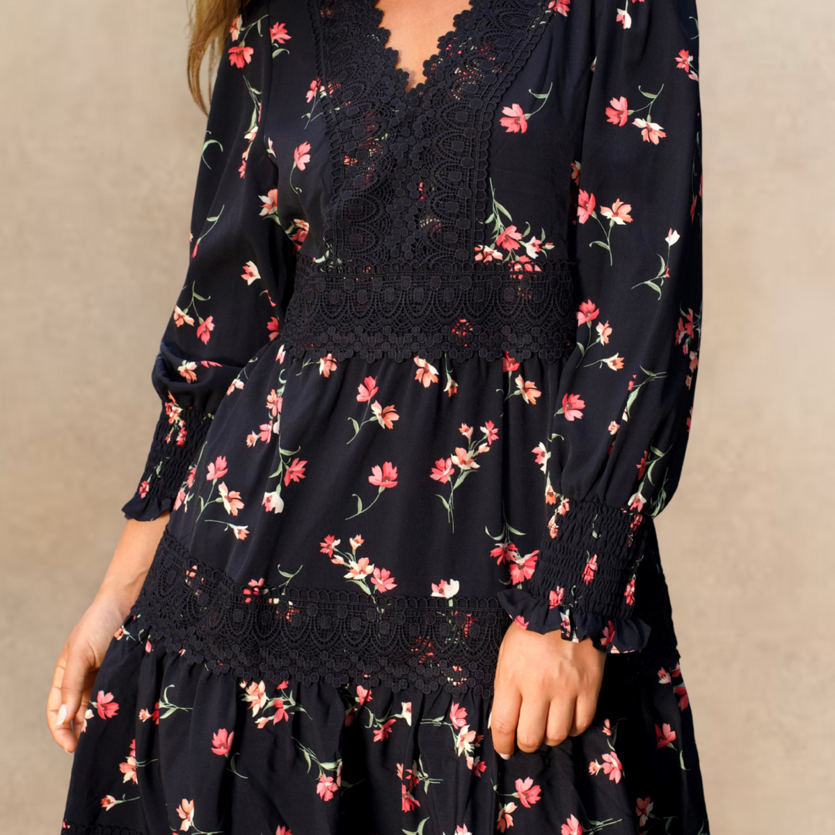 Agnes Black Floral Tiered Dress - Onze Montreal