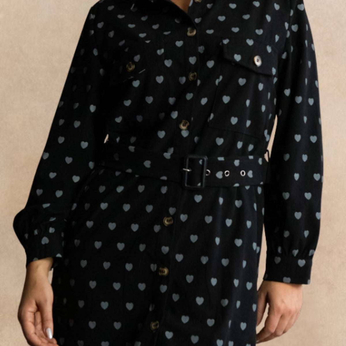 Stephanie Shirt Dress Corduroy Heart Print Belt - Onze Montreal